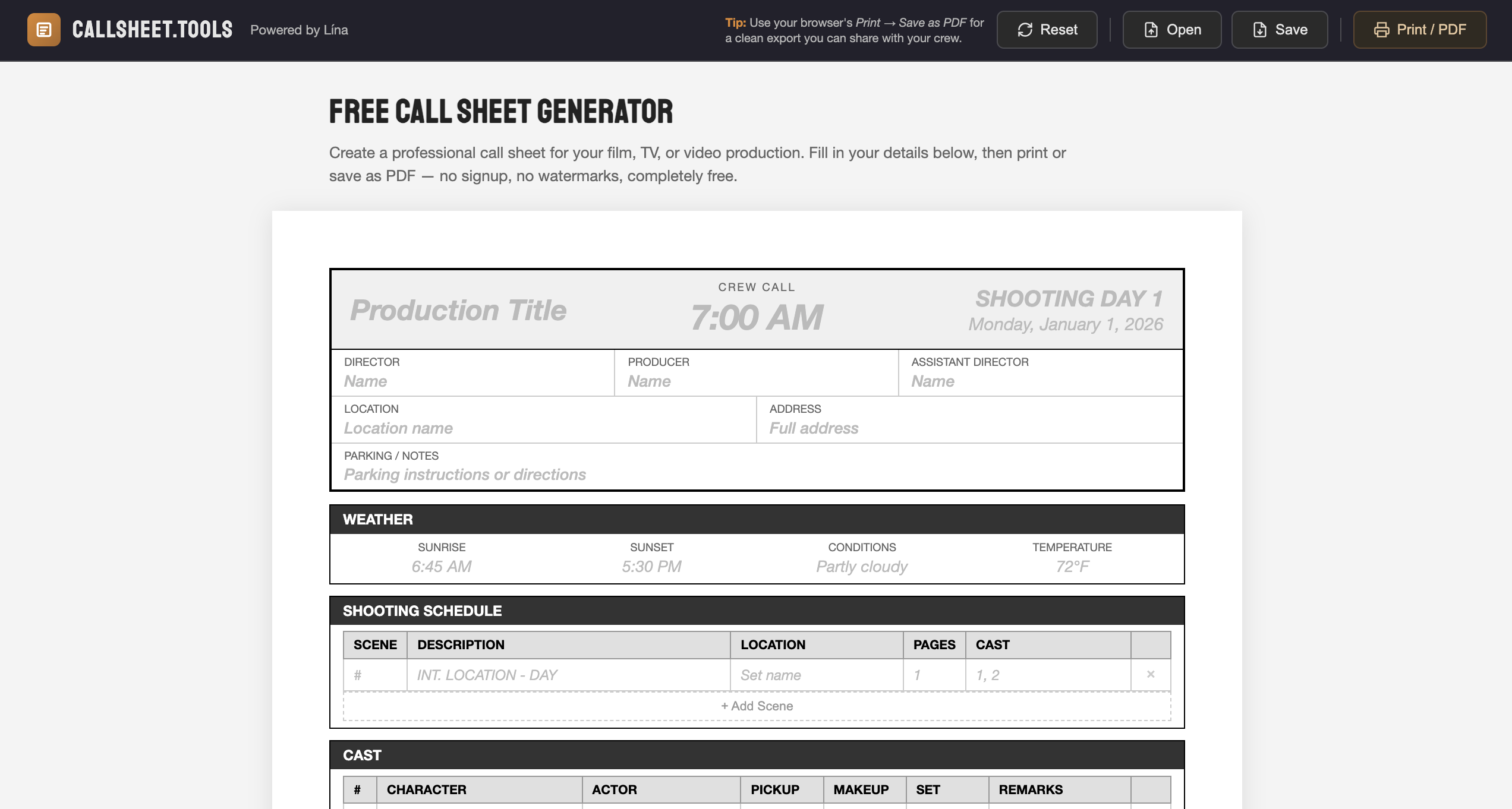 Free Call Sheet Generator for Film & Video | callsheet.tools